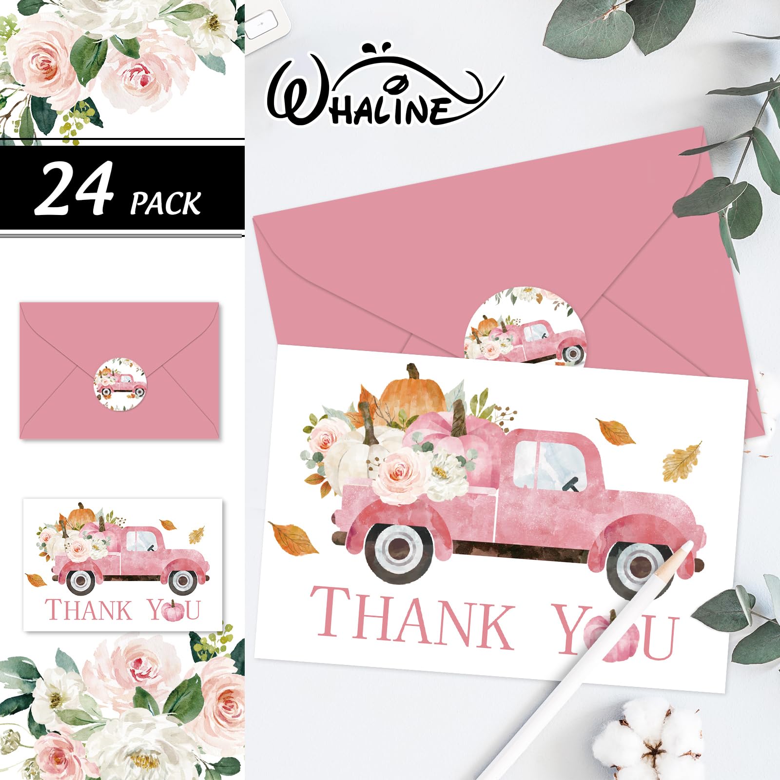 Whaline 24 Pack Fall Thank You Cards Bulk Pink Truck Pumpkin Floral Greeting Cards with Envelopes Stickers Blank Note Cards for Autumn Thanksgiving Wedding Bridal Baby Shower