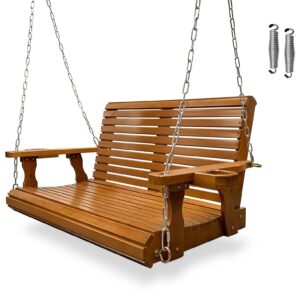 wooden porch swing 2-seater, bench swing with cupholders, hanging chains and 7mm springs, heavy duty 880 lbs, for outdoor patio garden (teak tone, 4 ft extra large)