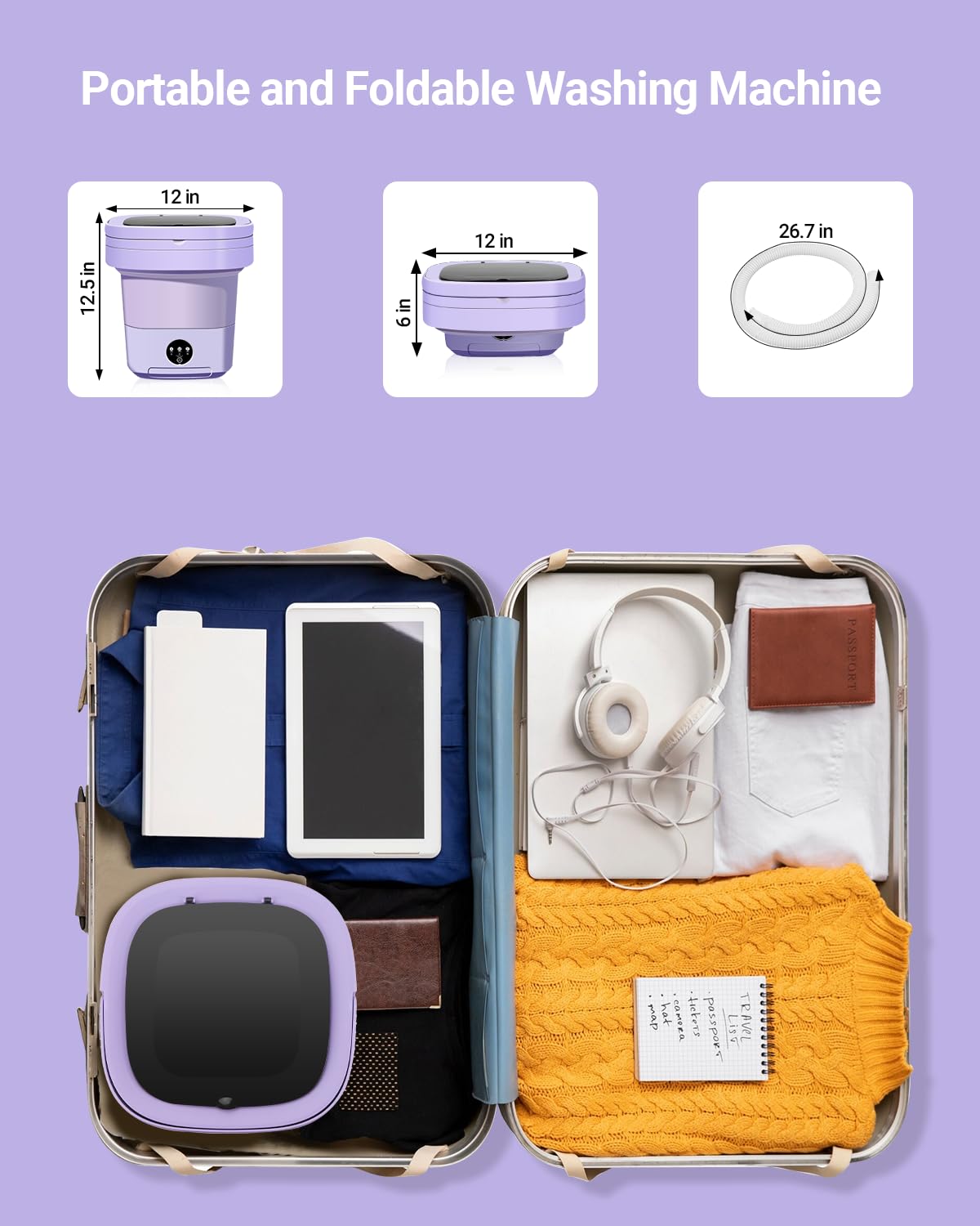 Portable Washing Machine, 11L Upgraded Large Capacity Mini Washer, Small Washing Machine for Apartments, Travel Laundry, Camping, RV, Dorm (Purple)