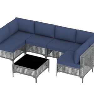 Piltwoff Patio Furniture Set,7 Piece Outdoor Sectional Sofa, Open-Weave Wicker Patio Conversation Sets with Navy Cushions & Glass Coffee Table for Balcony Porch Pool Deck,Grey Rattan