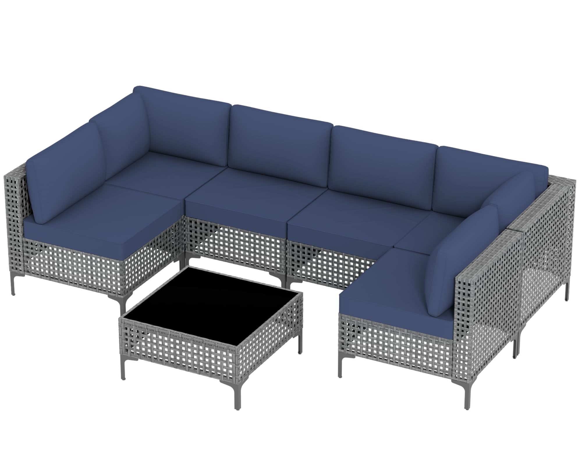 Piltwoff Patio Furniture Set,7 Piece Outdoor Sectional Sofa, Open-Weave Wicker Patio Conversation Sets with Navy Cushions & Glass Coffee Table for Balcony Porch Pool Deck,Grey Rattan