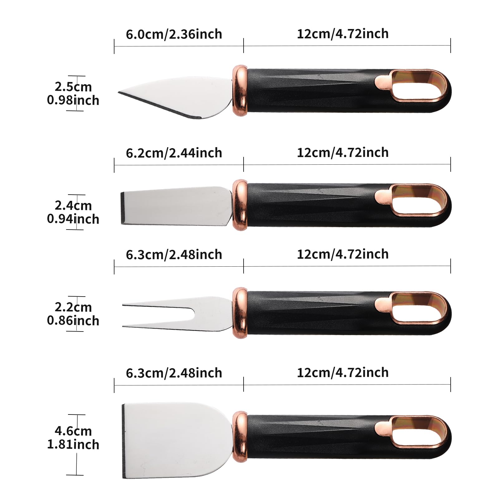 Cokshy Cheese Knives Set, Soft Cheese Knife, Cheese Fork, Narrow Plane Knife, Parmesan Knife, Flat Cheese Knife - 4 Pcs Stainless Steel Cheese Knifes for Charcuterie and Cheese Spread (Black)