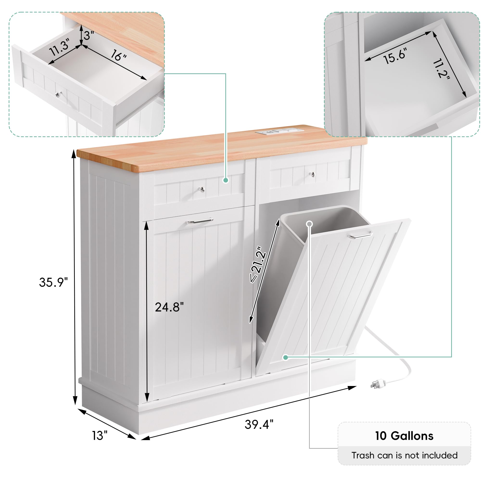 Betterhood Double Tilt Out Trash Cabinet with Power Outlet, 10 Gallon Trash Cabinet with Storage,Pet Proof Trash Can with 2 AC & USB Sockets for Kitchen,Living Room (White)