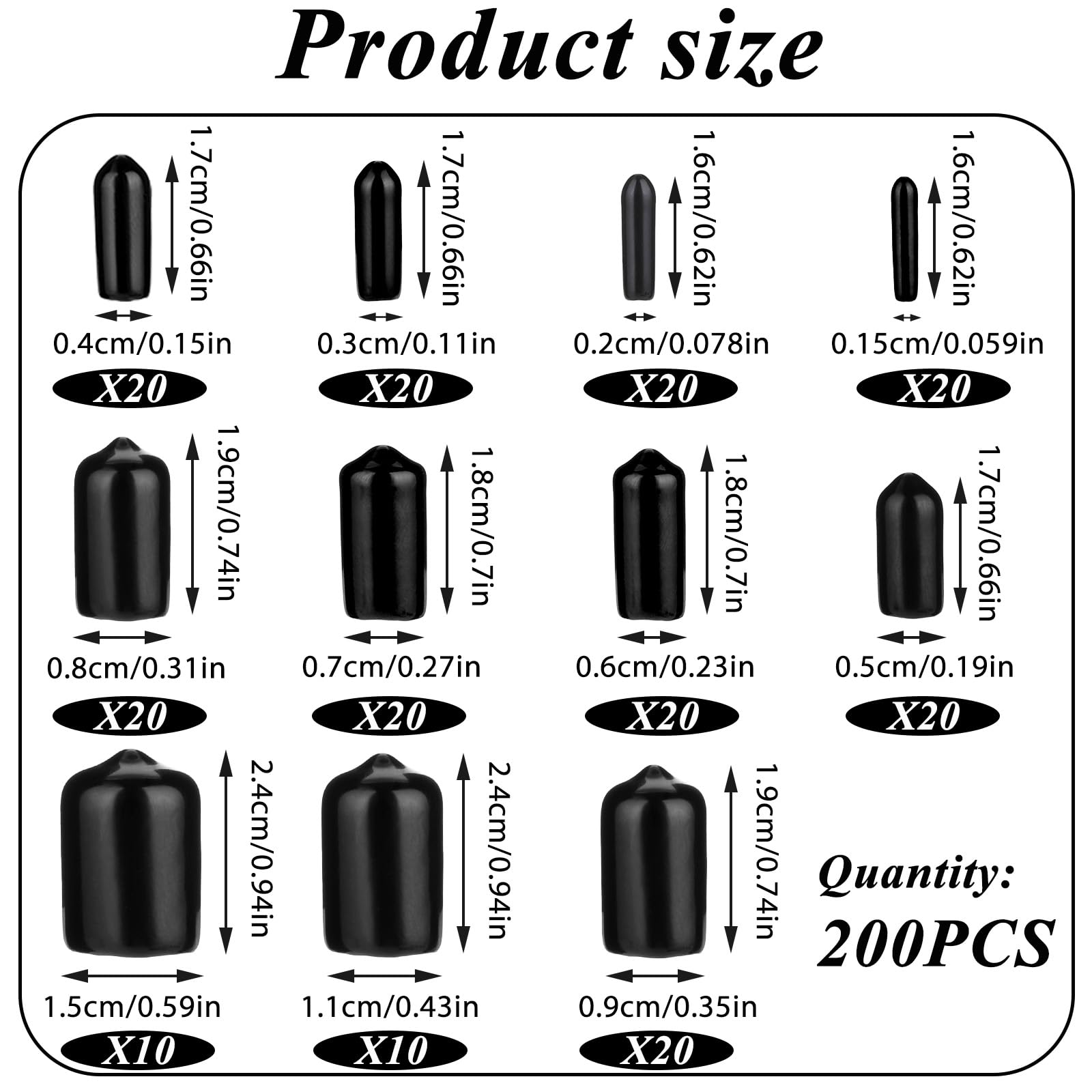 Giantree 200Pcs Rubber End Caps, Black Round Vinyl End Caps Bolt Screw Covers Caps Screw Bolt Screw Rubber Thread Protector Caps Cover for Tube Screw Bolt in 11 Sizes(1.5/2/3/4/5/6/7/8/9/11/15mm)