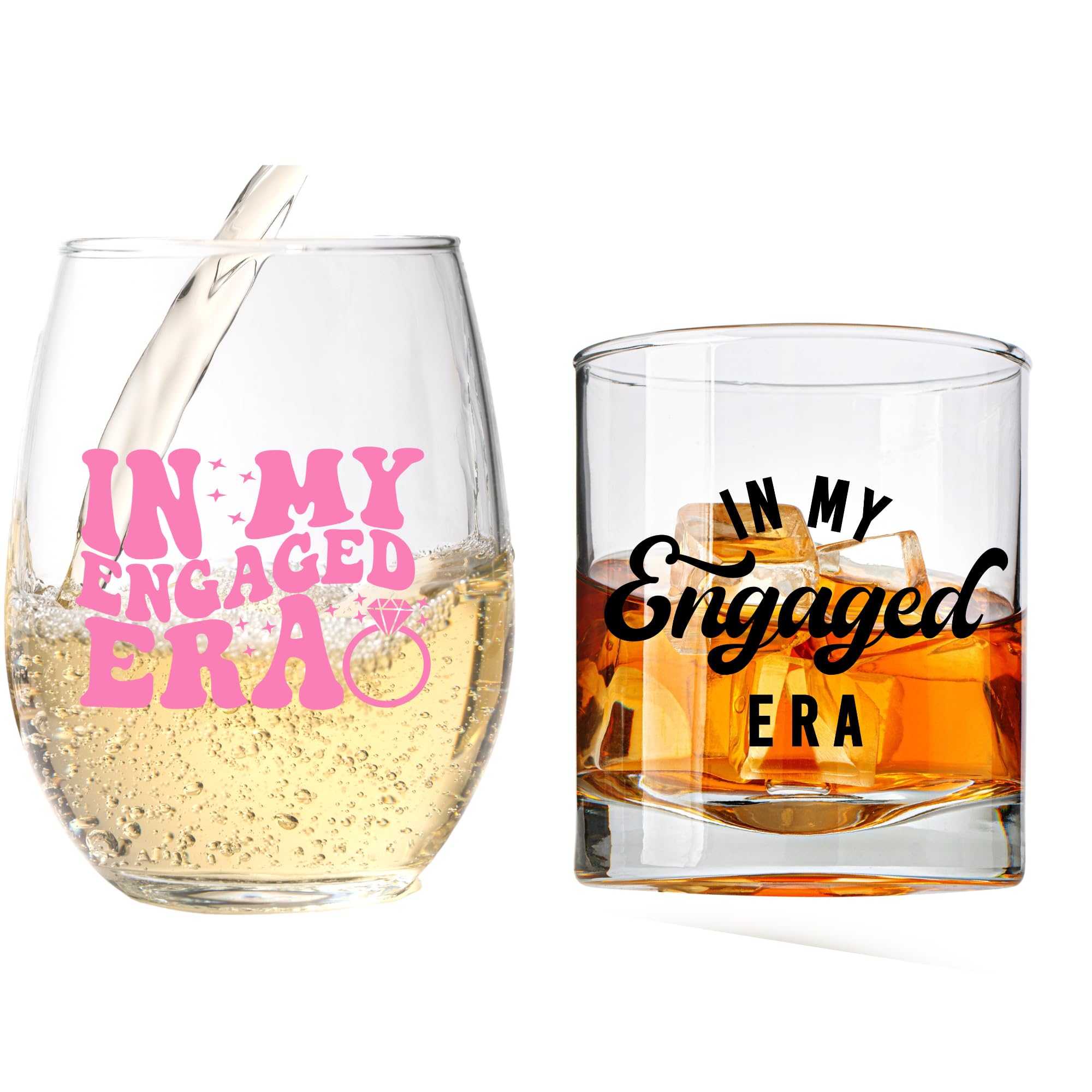 In My Engaged Era WIne and Whiskey Glass Gift Set | Engagement Gift for Couples | Boyfriend and Girlfriend | New Fiance Fiancee for Him and Her - His and Hers Glasses For Mr and Mrs Bride and Groom