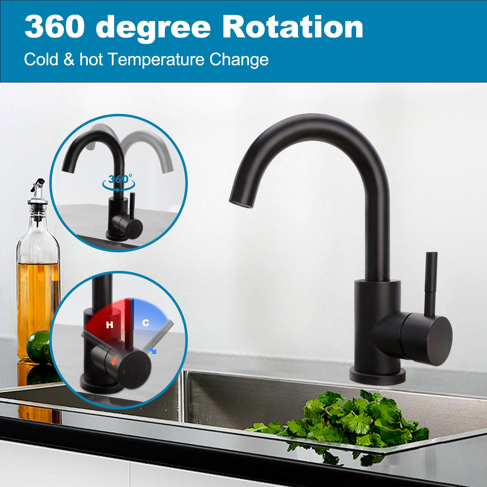 ABTIABGY 304 Stainless Steel Bar Sink Faucet, Bathroom Kitchen Faucet Prep Wet Small Mini Kitchen Bath Utility Marine Faucet Single Hole Farmhouse Vanity Lavatory Faucets (BKF-Matte Black)