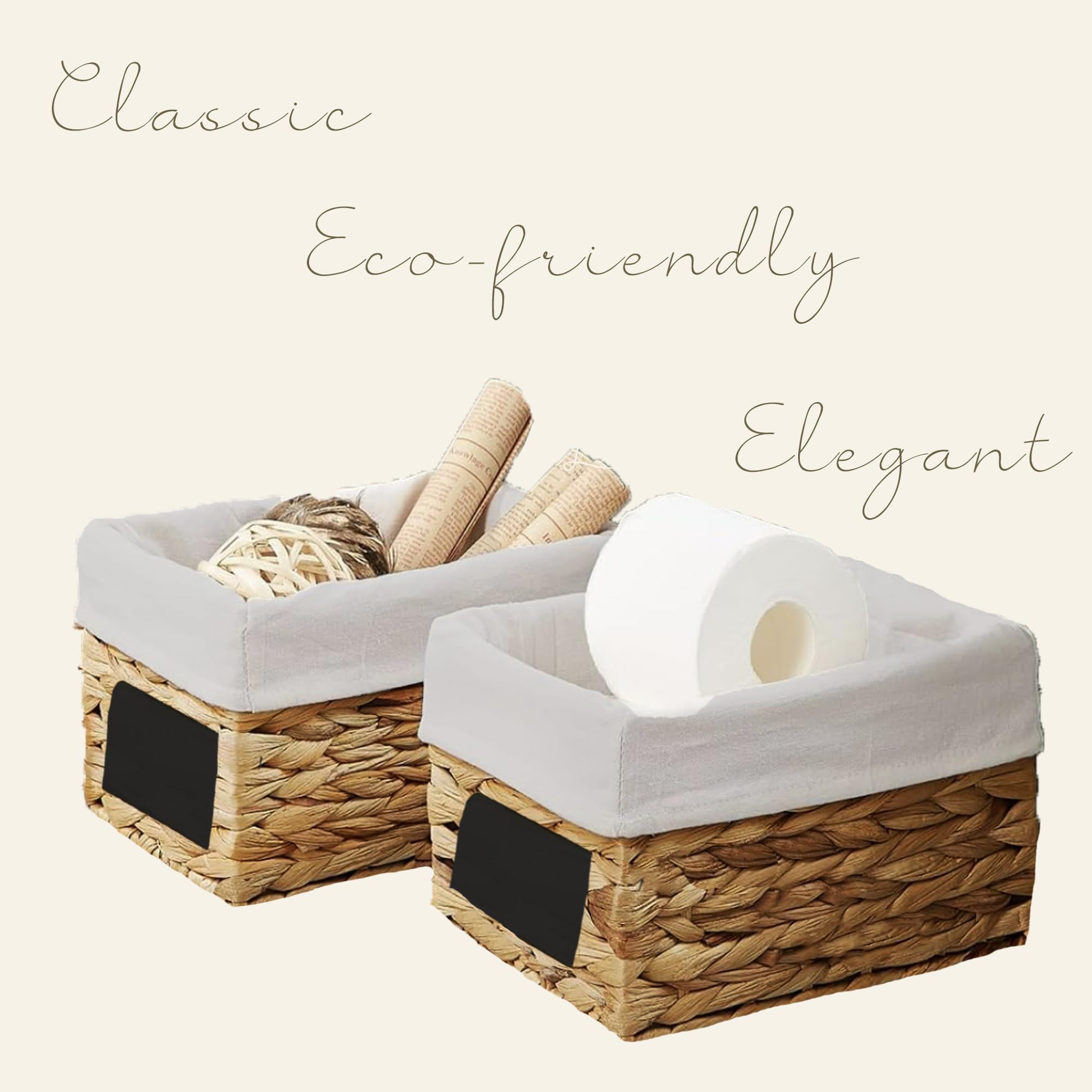 Hyancynt storage Baskets, 12 x 9 x 5 inches, with Linen and Chalk Markers, Natural Materials, wicker Water Hyacinth Baskets, rectangular Wicker Baskets (4 units)