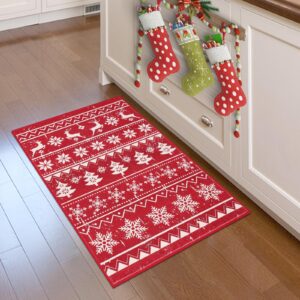 SHACOS Christmas Doormat 2x3ft Red Snowflakes Christmas Tree Deer Xmas Holiday Decor Non Slip Soft Machine Washable Christmas Decorative Rug Small Rug Indoor Front Door Mat for Entryway, Red Beige