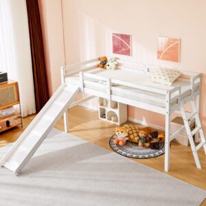 vingli loft bed with slide, twin, space saving kids low loft bed with guardrail and ladder, pine wood and sturdy bed frame for boys and girls, white