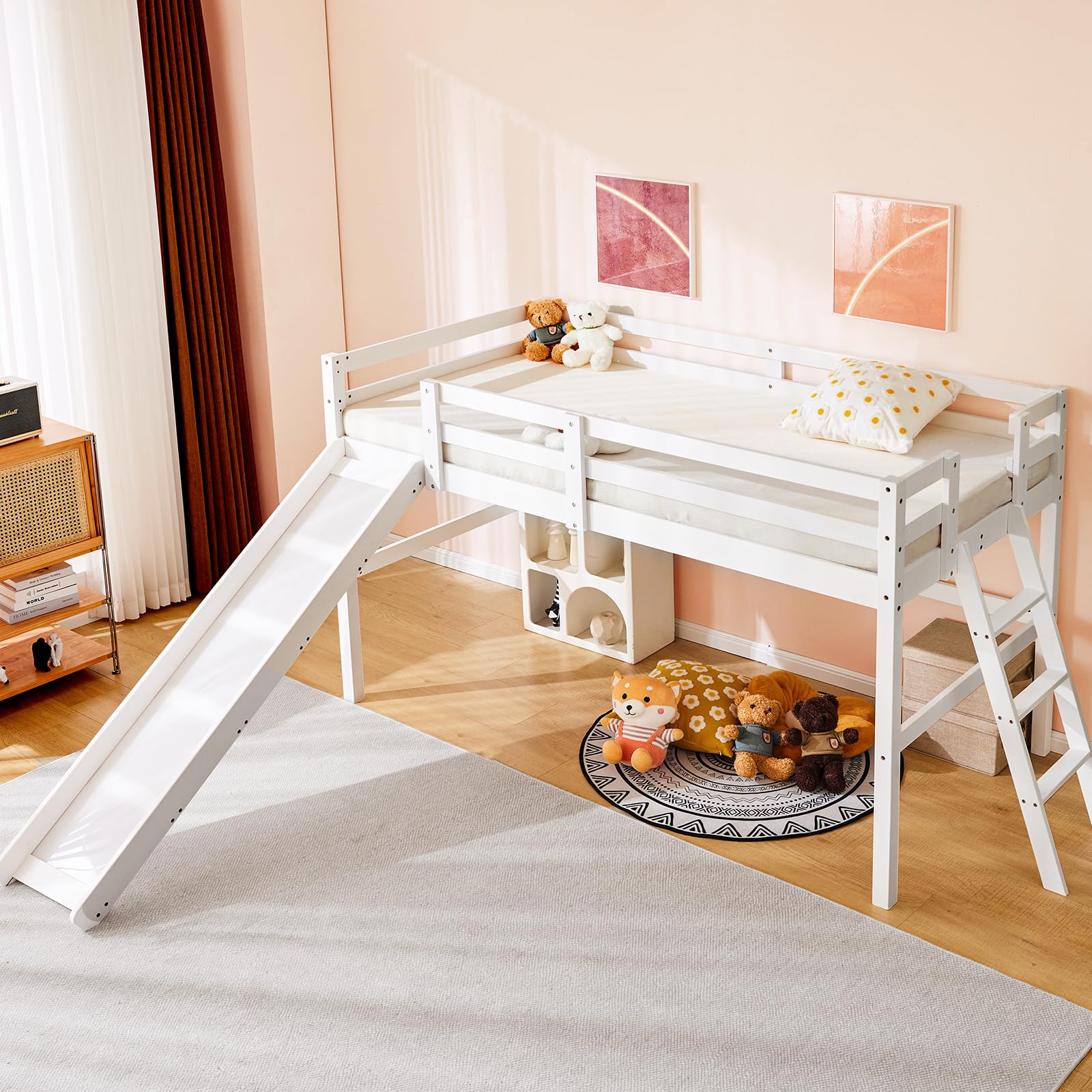 VINGLI Loft Bed with Slide, Twin, Space Saving Kids Low Loft Bed with Guardrail and Ladder, Pine Wood and Sturdy Bed Frame for Boys and Girls, White