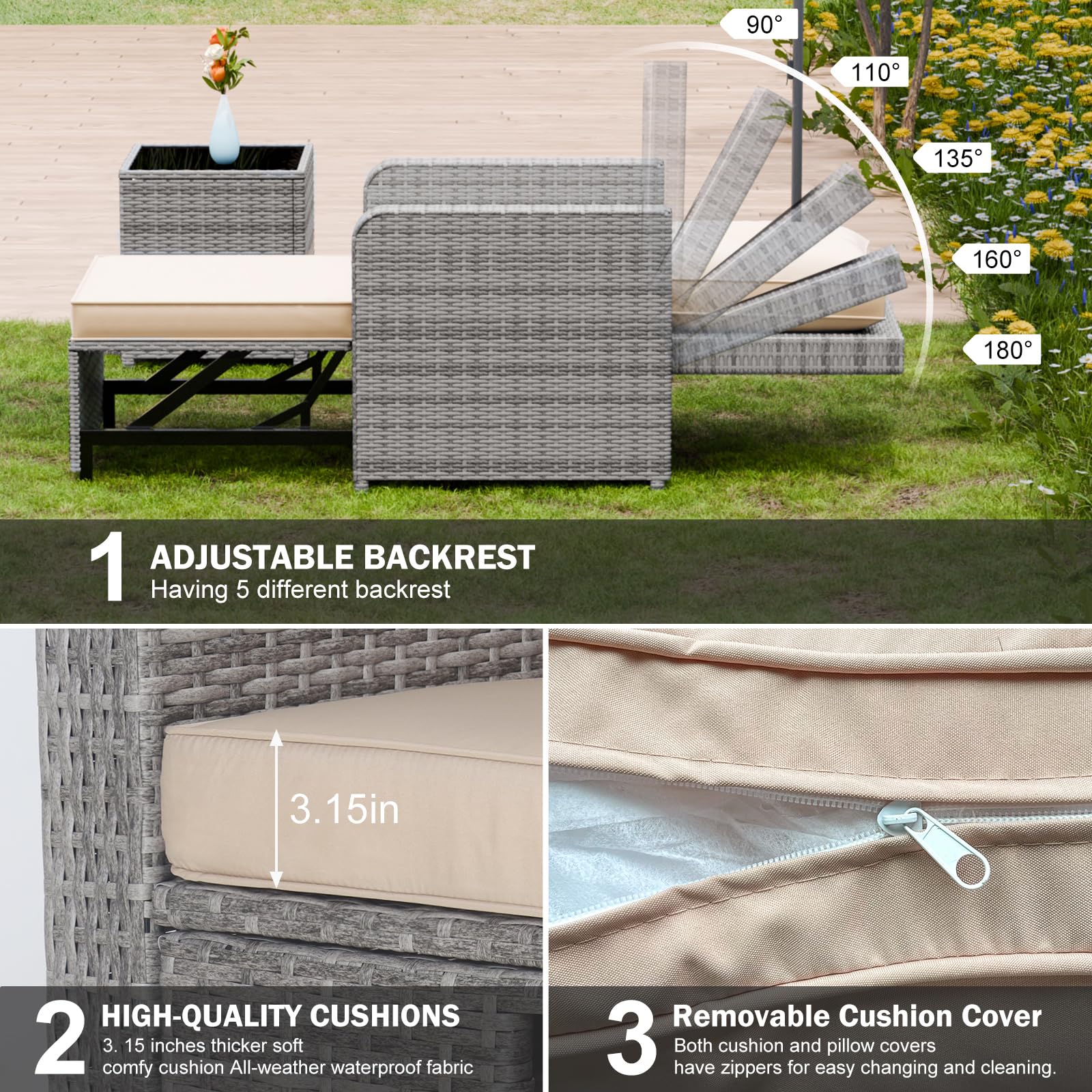 Wicker Outdoor Patio Sofa Chair with Cushion Grey Rattan Convertible Outdoor Furniture with Waterproof Thick Cushion for Backyard Balcony Porch Set of 2