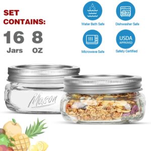 16 Pack Mason Jars 8 oz - Wide Mouth Mason Jars with Silver Metal Airtight Lids and Bands, Glass Canning Jar for Canning, Pickling, Preserving, Jam, Honey, DIY Decor, Shower Favors