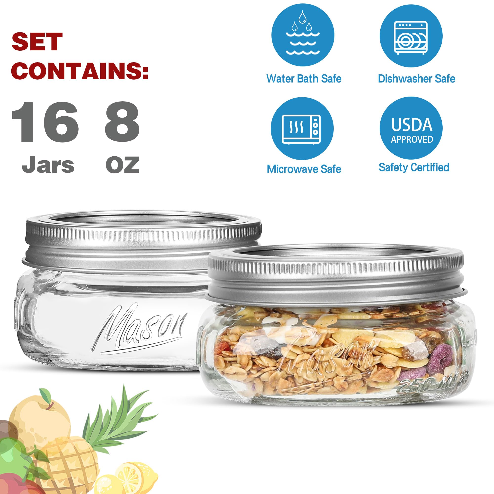 16 Pack Mason Jars 8 oz - Wide Mouth Mason Jars with Silver Metal Airtight Lids and Bands, Glass Canning Jar for Canning, Pickling, Preserving, Jam, Honey, DIY Decor, Shower Favors