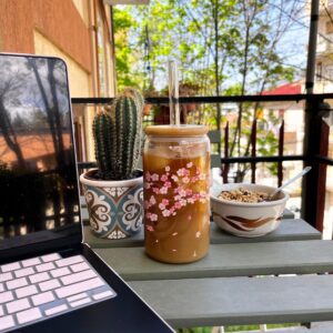 Aesthetic Cherry Blossom Glass Cup with Lid and Straw - Cute Coffee, Latte, Matcha Tumbler 16 oz - Floral Iced Coffee Cup - Preppy Birthday Gift for Women, Best Friends, Mom, Bridesmaid, Coffee Lover