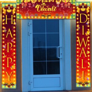 VitalCozy 3 Pcs Lighted Diwali Party Decorations Happy Diwali Banner Couplets Include 6 Light Strings Diwali Porch Sign Banner Flag for Door Porch Signs Wall Hanging Decor Supplies