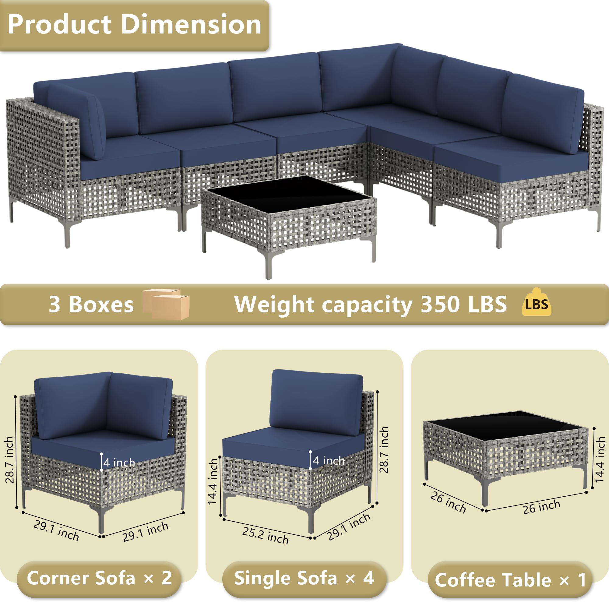 Piltwoff Patio Furniture Set,7 Piece Outdoor Sectional Sofa, Open-Weave Wicker Patio Conversation Sets with Navy Cushions & Glass Coffee Table for Balcony Porch Pool Deck,Grey Rattan