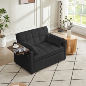 Velvet Pull Out Sofa Bed with Side Table, Convertible Loveseat Sleeper with Tufted Backrest, Modern Futon Couch for Living Room, Bedroom (Black)