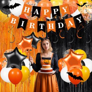 Orange Birthday Decorations Halloween Birthday Party Supplies Orange Black Happy Birthday Banner Balloons Arch Kit Fringe Curtain for Fall Autumn Halloween Birthday Baby Shower Party Decorations