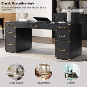 Quarte 70" Executive Desk with Metal Edge Trim, 2 File Drawers,USB Ports and Outlets,Classic Writing Desk with Hidden Compartment for Living Room,Home Office,Study Room (Black+Gold)