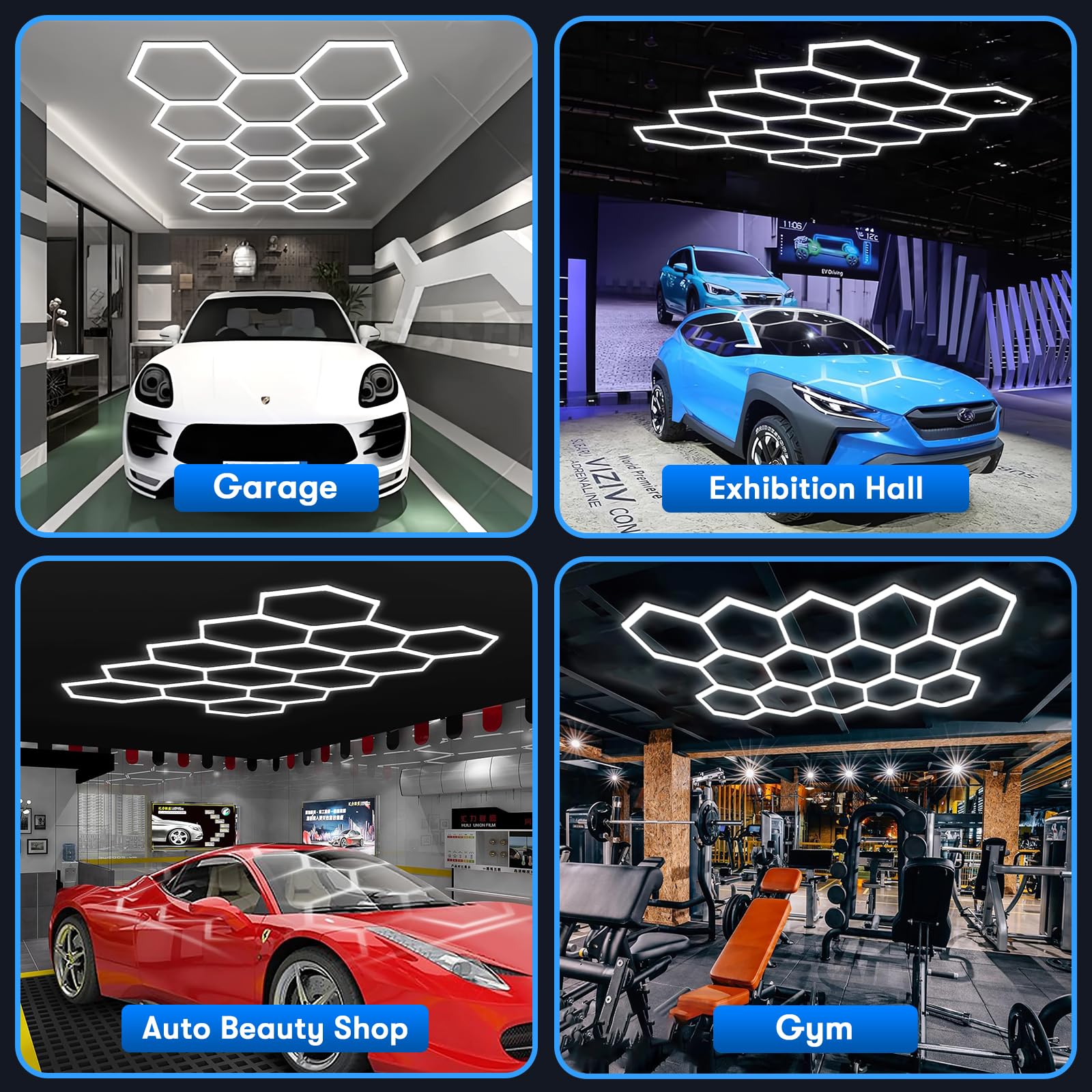 Hexagon Garage Lights: 6500K Cool White 14 Grid Hex Garage Light, 57 Packs LED Light, Super Bright Honeycomb Hexagon Ceiling Llight for Car Detailing Garage Workshop Basement Gym Barber