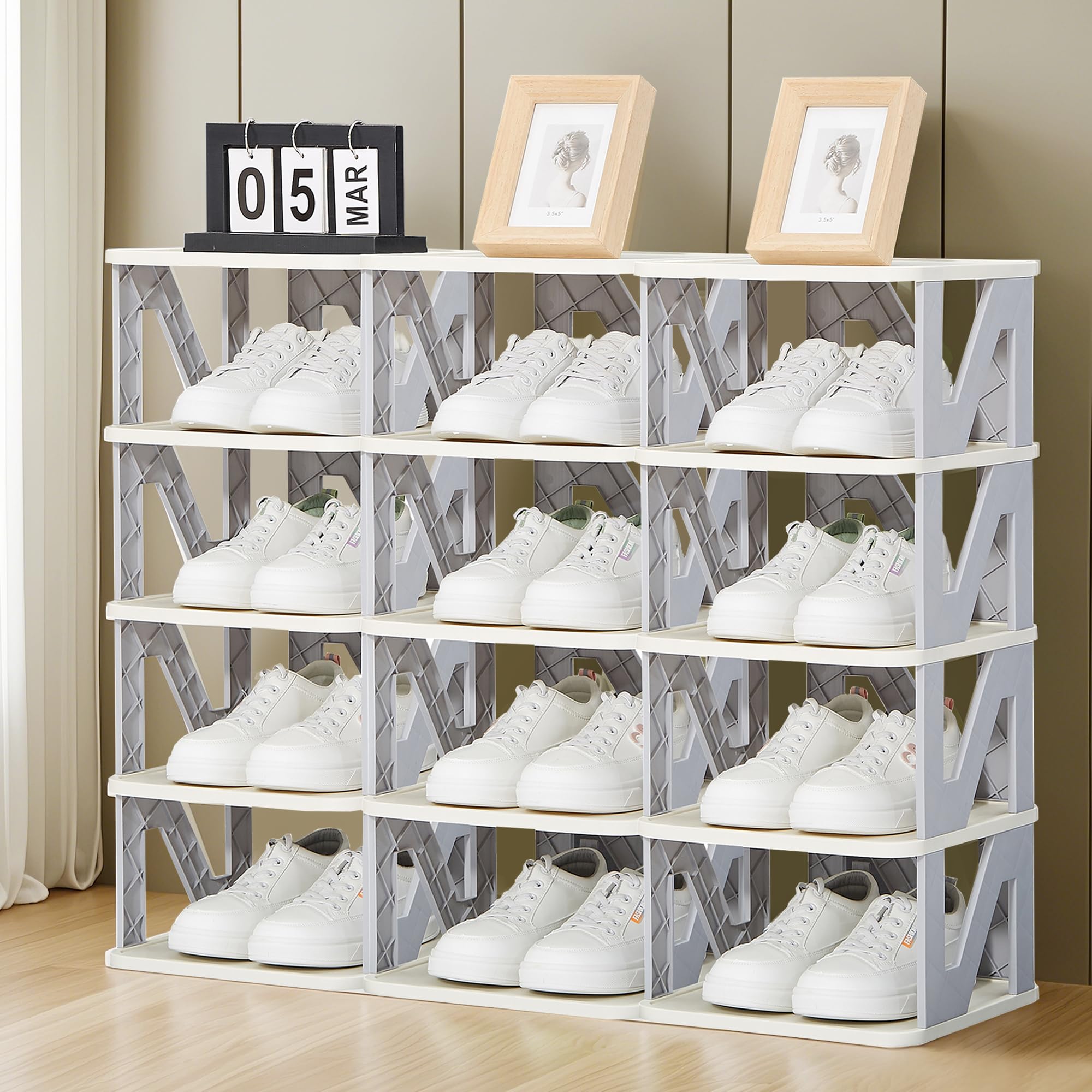 VECELO Foldable Plastic Shoes Rack Storage Organizer for Entryway, Hallway, Closet, Small Space, Gray