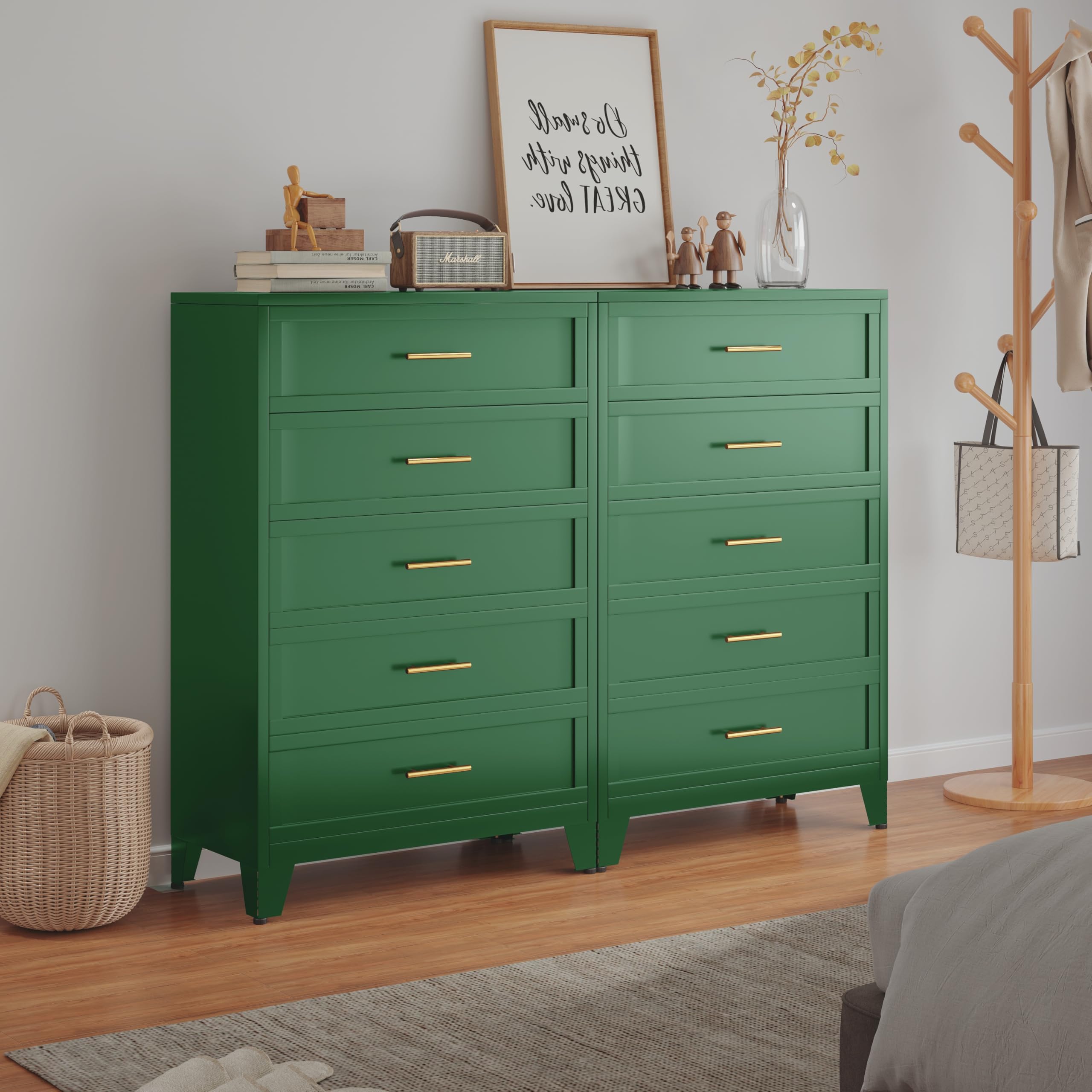 KAIFAM 5 Drawer Dresser, Dressers & Chest of Drawers for Bedroom, Metal Storage Cabinet Organizer with Drawers for Living Room, Hallway, Entryway, Home Office (Dark Green)