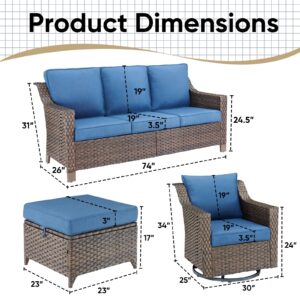 Opohoro 5 Pieces Patio Conversation Sets-Outdoor Furniture All Weather Wicker Couch with Swivel Glider Chair Patio Conversation Set for Porch Garden Backyard Poolside-Brown/Blue