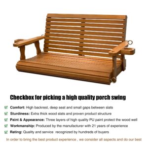 Wooden Porch Swing 2-Seater, Bench Swing with Cupholders, Hanging Chains and 7mm Springs, Heavy Duty 880 LBS, for Outdoor Patio Garden (Teak Tone, 4 FT Extra Large)