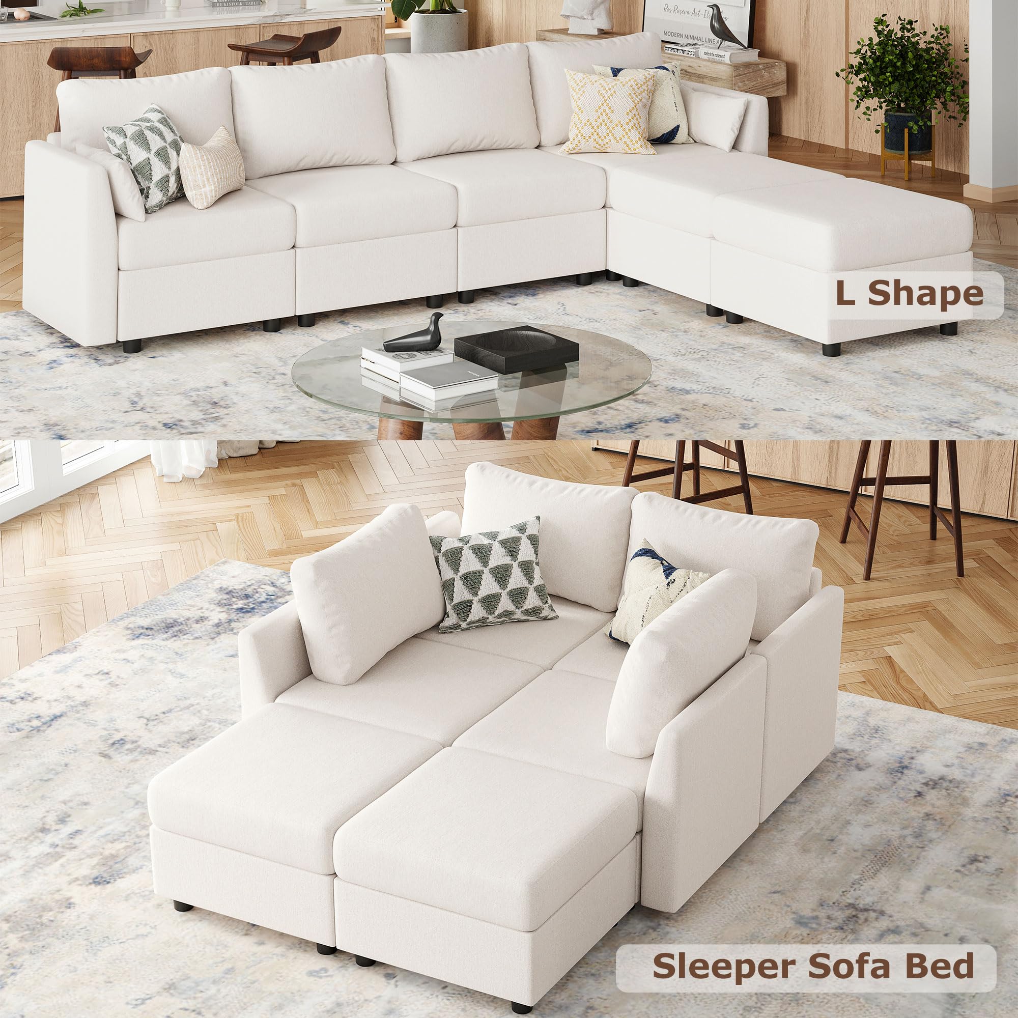 Mangodan Modular Sectional Sofa with Storage, Convertible 6 Seat Sectional Couches for Living Room, U Shaped Sectional Sofa with Chaise, Comfy Sectional Sleeper Sofa, High Supportive Sponge-Beige