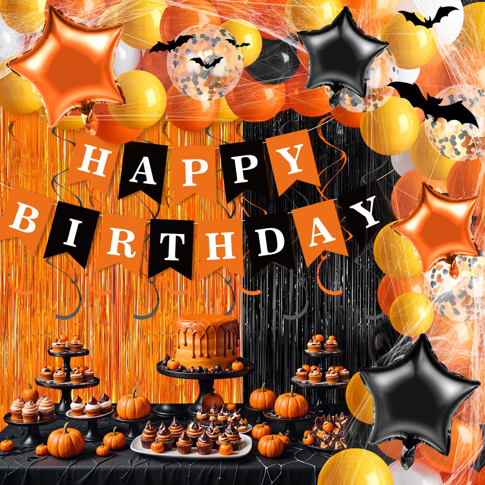 Orange Birthday Decorations Halloween Birthday Party Supplies Orange Black Happy Birthday Banner Balloons Arch Kit Fringe Curtain for Fall Autumn Halloween Birthday Baby Shower Party Decorations