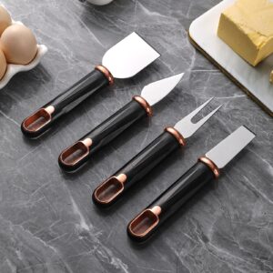 Cokshy Cheese Knives Set, Soft Cheese Knife, Cheese Fork, Narrow Plane Knife, Parmesan Knife, Flat Cheese Knife - 4 Pcs Stainless Steel Cheese Knifes for Charcuterie and Cheese Spread (Black)