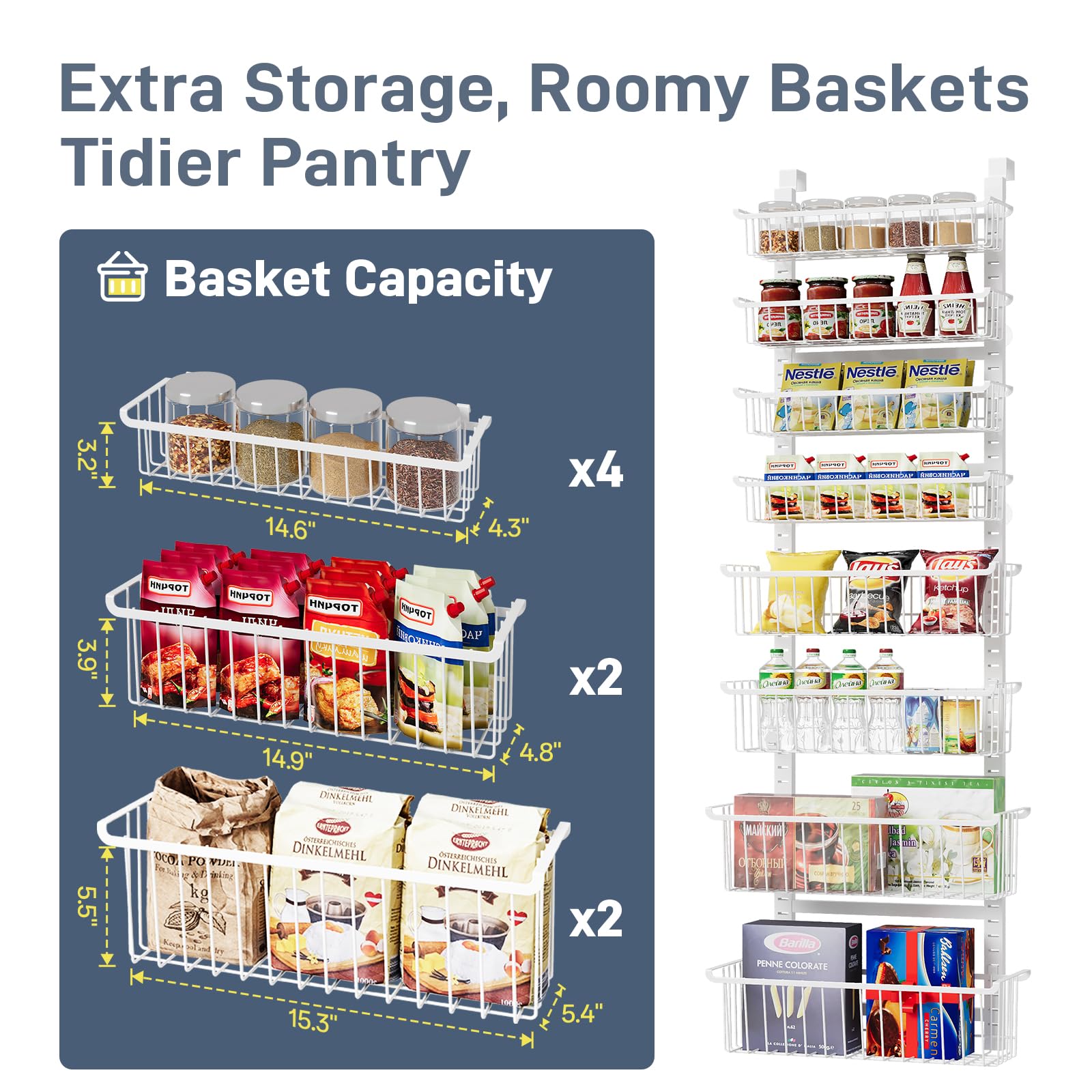 8-Tier Over The Door Pantry Organizer, Pantry Organization and Storage, Deep Baskets Hanging Heavy-Duty Metal, Spice Rack Seasoning Shelves, Home & Kitchen, Laundry Room Bathroom Organization (White)