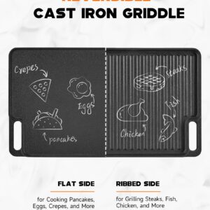 DARTMOOR 2-in-1 Reversible Cast Iron Griddle, 18 in Pre-Seasoned Cast Iron Grill Pan with Pan Scrapers, Double Side Rectangular Frying Pan with Non-Stick Surface, Indoor & Outdoor Use