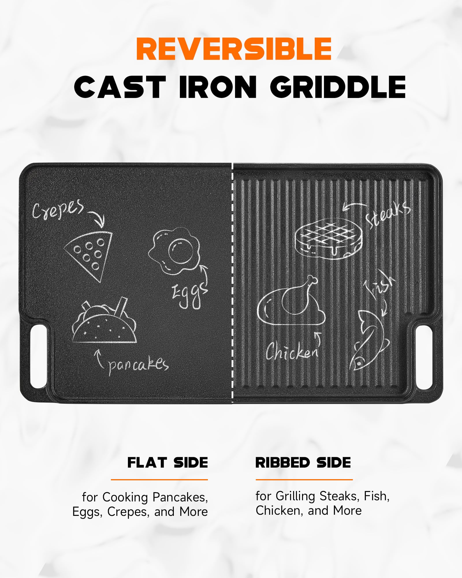 DARTMOOR 2-in-1 Reversible Cast Iron Griddle, 18 in Pre-Seasoned Cast Iron Grill Pan with Pan Scrapers, Double Side Rectangular Frying Pan with Non-Stick Surface, Indoor & Outdoor Use