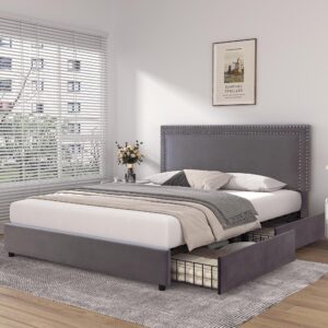 vecelo queen size upholstered platform bed frame with 4 storage drawers, adjustable velvet rivets headboard, wooden slats support, no box spring needed, easy assembly