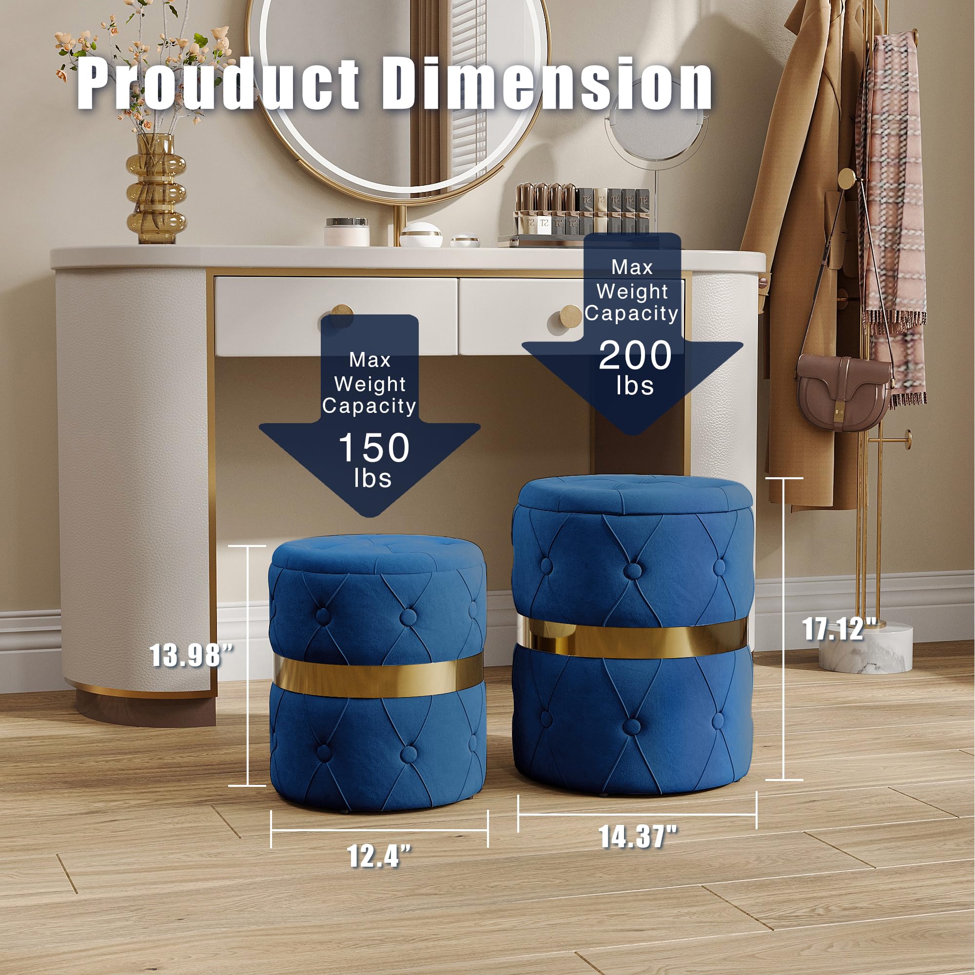 RoyalCraft Round Storage Ottoman Set of 2, Fully Assembled Velvet Vanity Stool Chair, 22QT Large Storage Foot Stool, Support 200lbs Padded Seat for Bedroom, Living Room, Office and Study Room, Blue