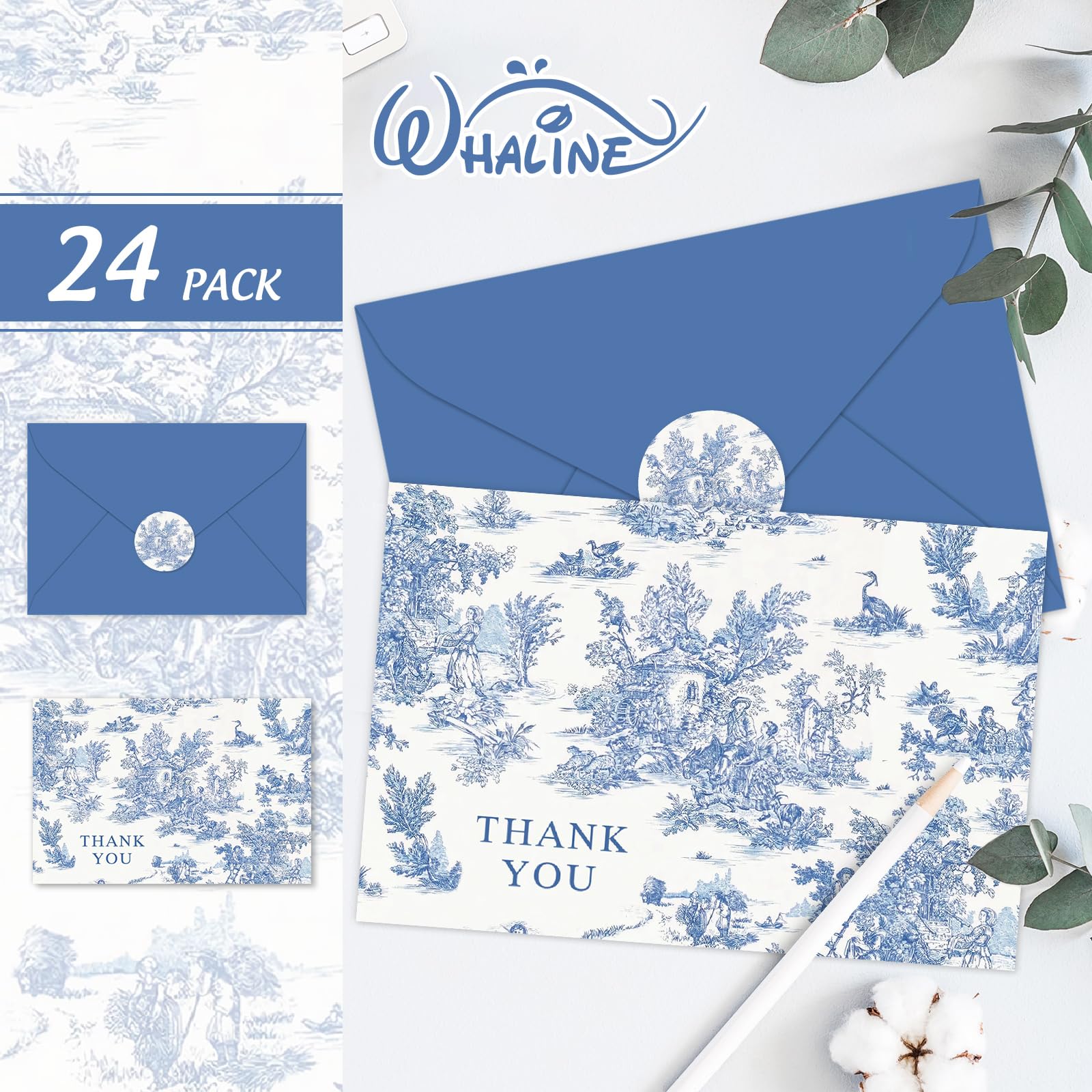 Whaline 24 Pack Blue White Thank You Cards with Envelopes Stickers Vintage Farmhouse Greeting Cards Chinoiserie Blank Note Cards for Birthday Baby Shower Party Supplies