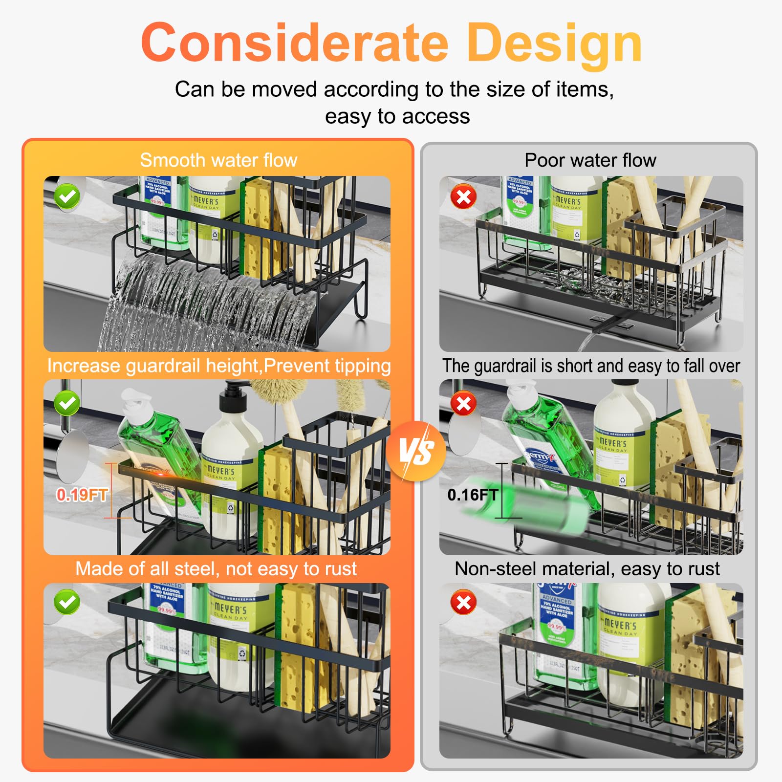 Juseisin Kitchen Sink Caddy Organizer, Upgrade Faucet Sponge Rack for Sinks, Bottle Brush Holder and Organizers Storage with Dish Soap, Auto Draining Tray, Rustproof Adjustable Organizadores