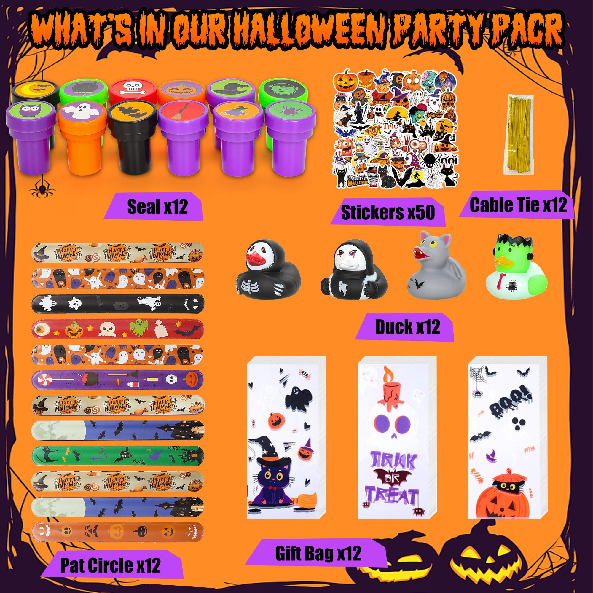 98Pcs Halloween Party Favors Set - Halloween Party Toys 12 Duck, 12 Stamps, 12 Slap Bracelets, 50 Stickers, 12 Gift Bags and Cable Ties - Halloween Themed Party Supplies for Kids