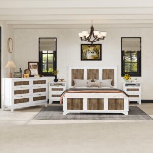 merax 4 pieces bedroom sets, queen size farmhouse platform bed with wooden strip decoration, storage nightstand and dresser with metal handle, white