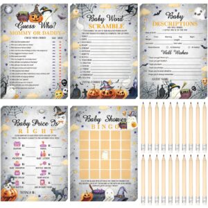 yinder 145 pieces baby shower games for boy or girl game activities cards with 20 pencils includes baby bingo description and wishes guess who baby price is right, word scramble game (halloween)