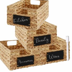 hyancynt storage baskets, 12 x 9 x 5 inches, with linen and chalk markers, natural materials, wicker water hyacinth baskets, rectangular wicker baskets (4 units)