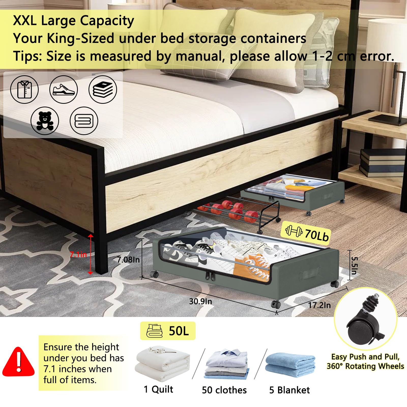 BtyHomShelf Under Bed Storage With Wheels,2pack Space-Saving Under Bed Storage Containers,Large Rolling Under Bed Shoe ​Storage Metal Drawer Containers Organizer With Removable Clear Lids Cover