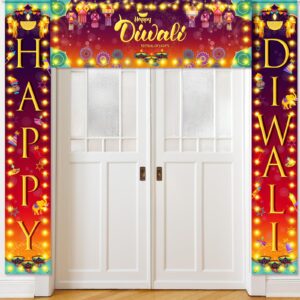 vitalcozy 3 pcs lighted diwali party decorations happy diwali banner couplets include 6 light strings diwali porch sign banner flag for door porch signs wall hanging decor supplies