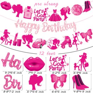 3Pcs Hot Pink Girl Happy Birthday Banners Pink Glitter Hot Pink Princess Birthday Party Decorations for Girls Doll Theme Baby Shower Ladies Bachelorette Party Supplies