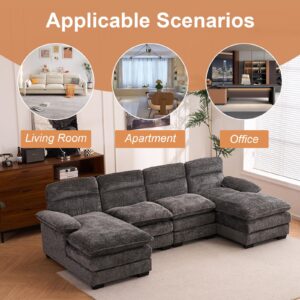 Chenille U Shaped Modular Sectional Sofa,6 Seat Couch 6 Deap Seats Corne, Oversized Convertible Upholstery,Symmetrical Sofa Cloud Couches with Double Chaise for Living Room Apartment (Grey)