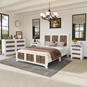 Merax 4 Pieces Bedroom Sets, Queen Size Farmhouse Platform Bed with Wooden Strip Decoration, Storage Nightstand and Dresser with Metal Handle, White