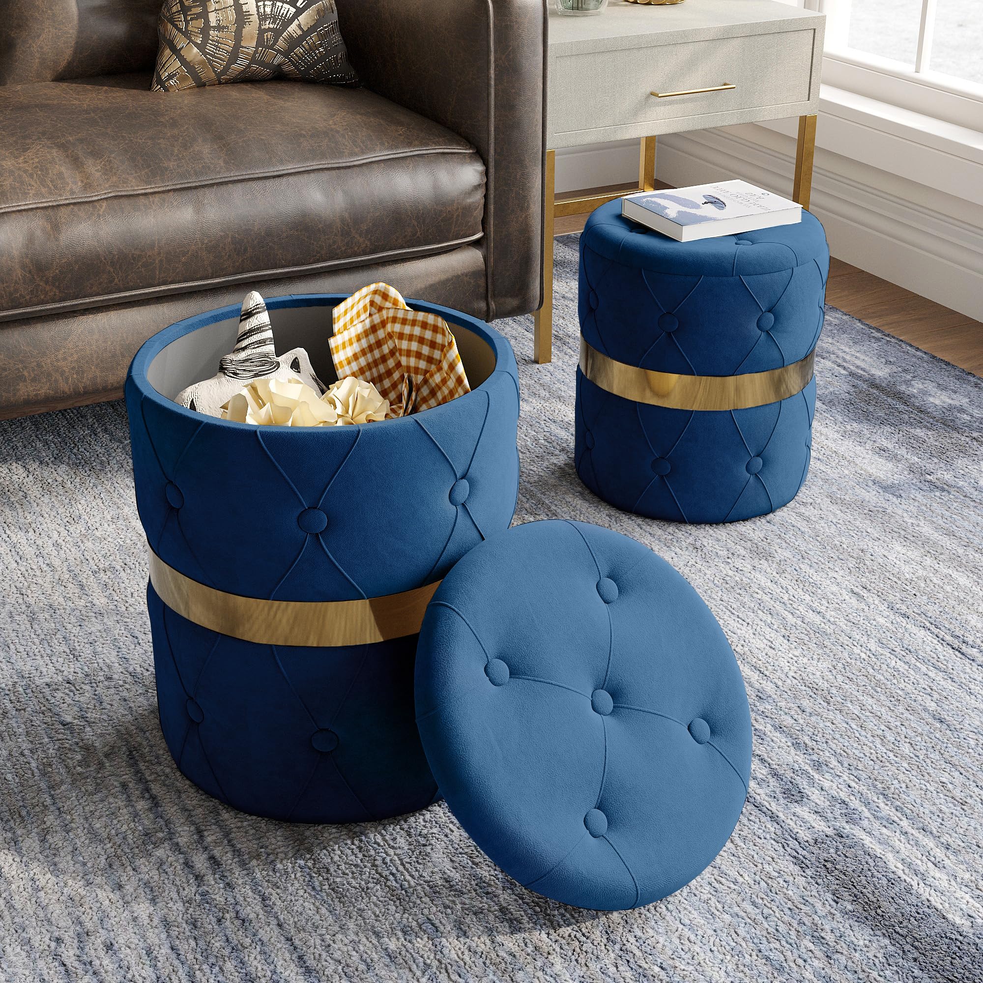 RoyalCraft Round Storage Ottoman Set of 2, Fully Assembled Velvet Vanity Stool Chair, 22QT Large Storage Foot Stool, Support 200lbs Padded Seat for Bedroom, Living Room, Office and Study Room, Blue