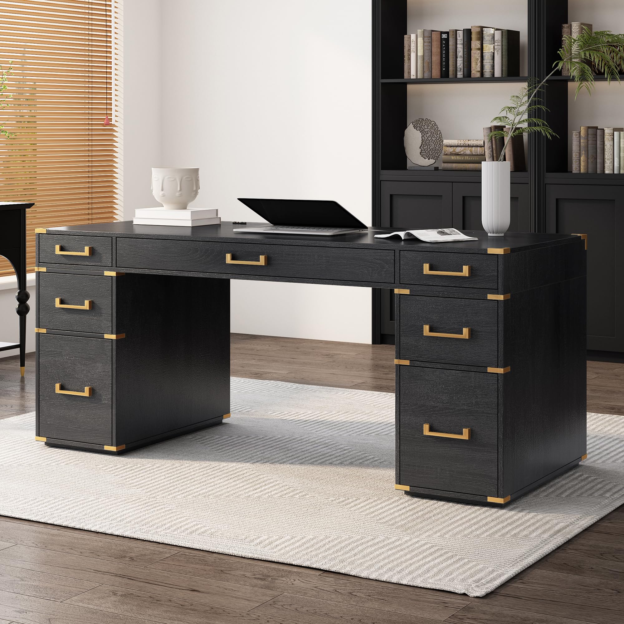 Quarte 70" Executive Desk with Metal Edge Trim, 2 File Drawers,USB Ports and Outlets,Classic Writing Desk with Hidden Compartment for Living Room,Home Office,Study Room (Black+Gold)