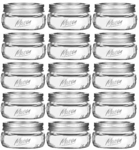 16 pack mason jars 8 oz - wide mouth mason jars with silver metal airtight lids and bands, glass canning jar for canning, pickling, preserving, jam, honey, diy decor, shower favors